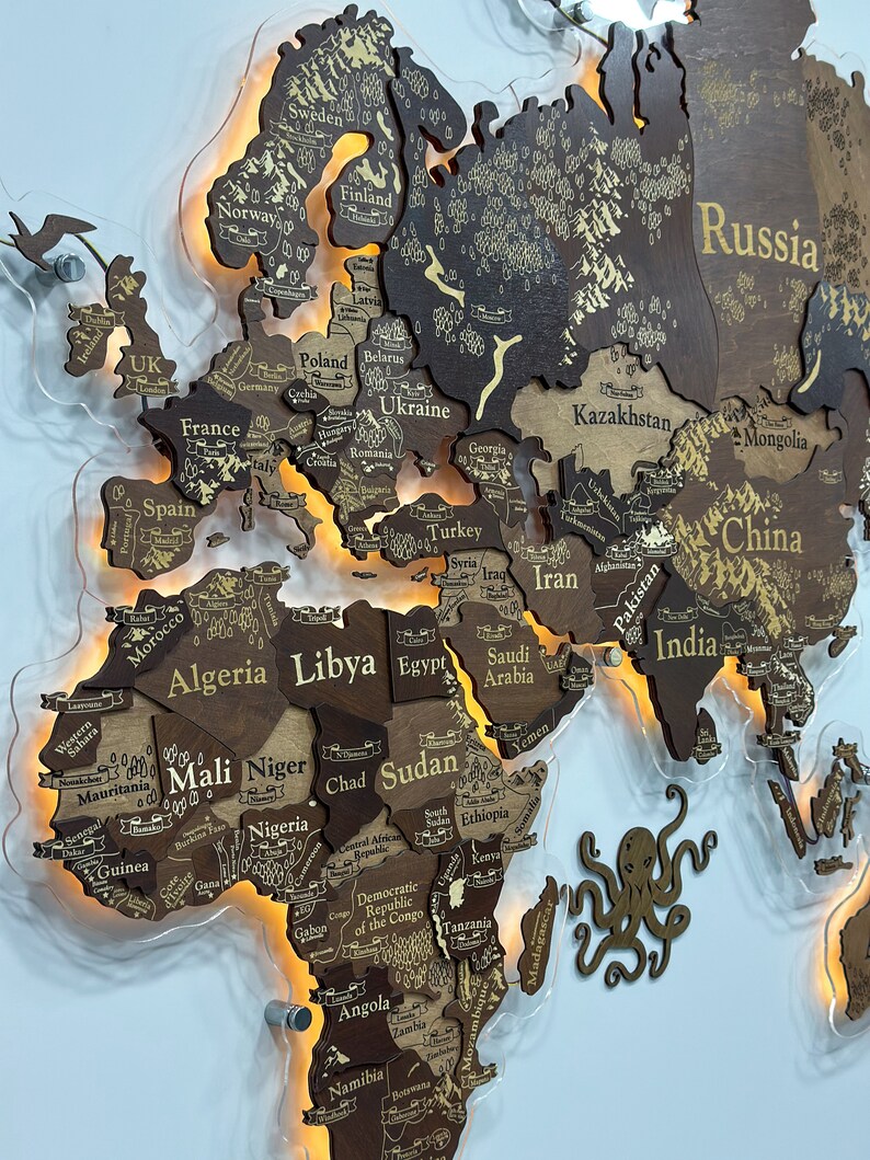 Led Wooden Wall Light Map 3D RGB LED Wall Map Large Wood - Etsy