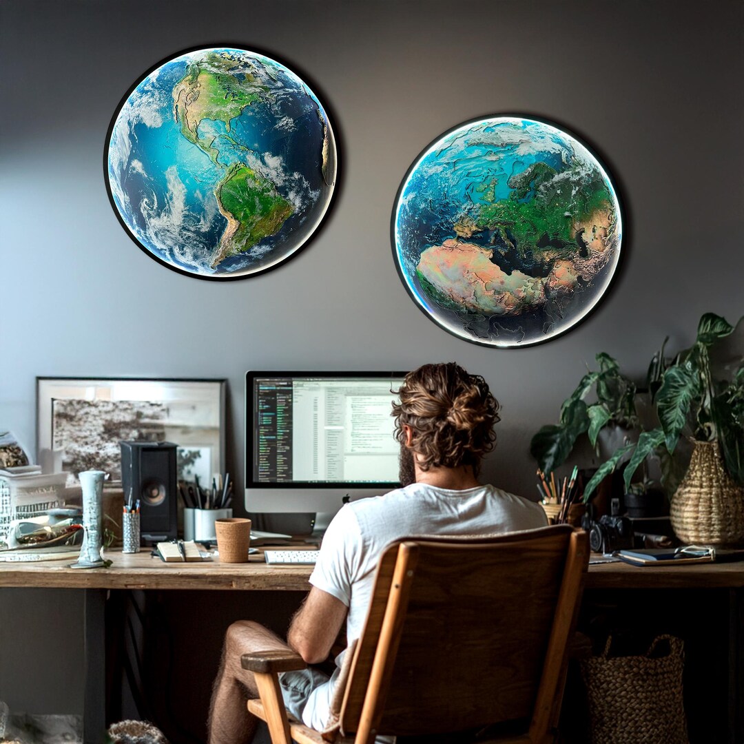 Illuminated Earth Wall Art, 3D LED Globe Decor Wall Lamp With Led ...