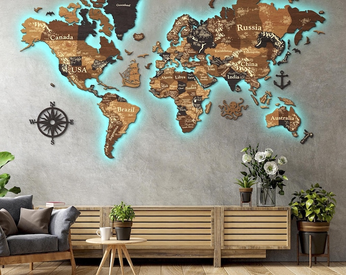 3D Map of the World With LED Lighting, 3D Wood Family Travel Map, Push ...