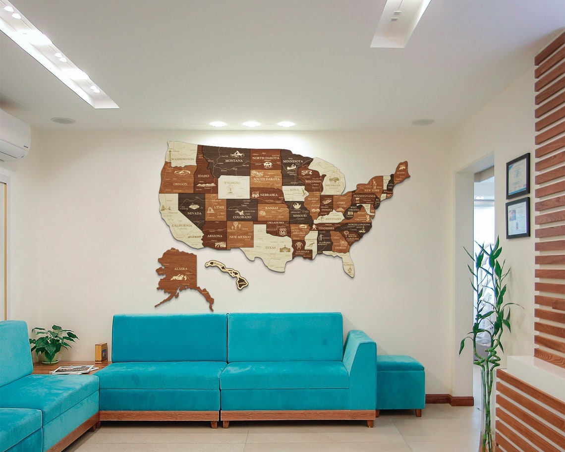 Pushpin USA Map and Pins Wooden 3D USA Wood Map Map of the | Etsy