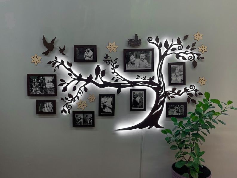 Led Family Tree With Wooden Photo Frames Wall Light Decor - Etsy