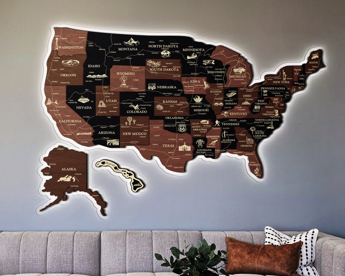 Rgb Led US Map 3D LED Map of United States Wooden Push Pin - Etsy