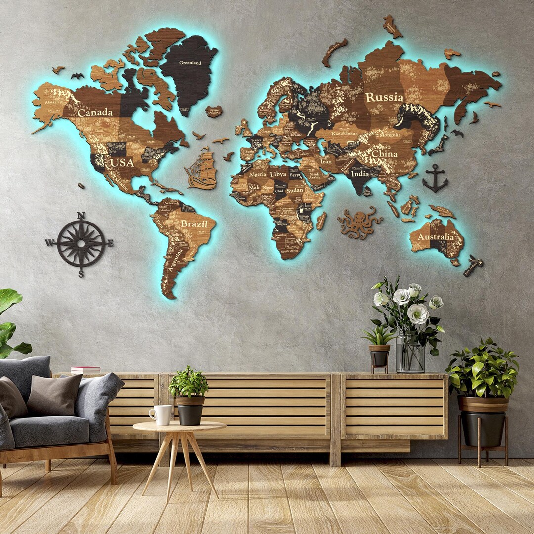World Map With LED Lighting, Wooden Push Pin Map, 3D Led Backlight Map, RGB LED 3D Wood Family ...