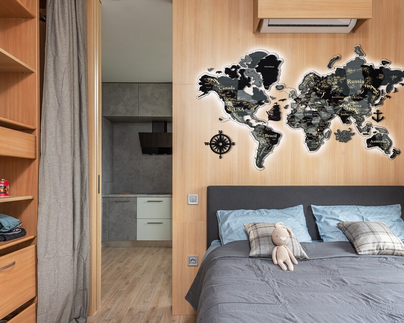 Large Led Neon Wall Map Large Wall Map 3D Wooden Push Pin | Etsy