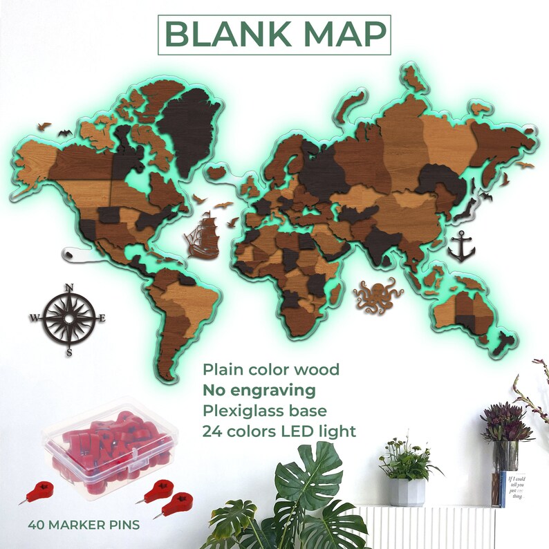 3D Wooden Push Pin Map With Leds Remote Control RGB LED Wall - Etsy