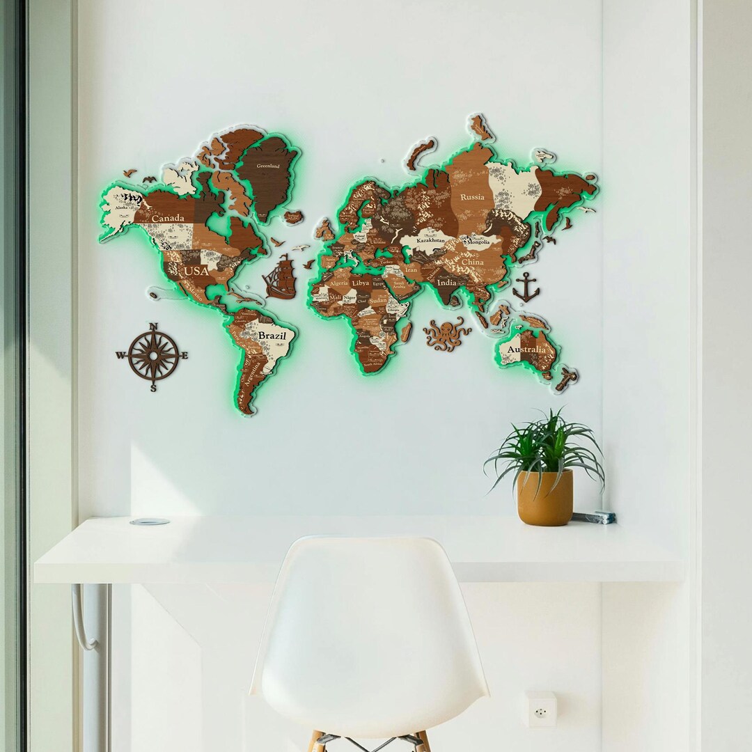 3D Led Backlight Map, Wooden Push Pin Map, RGB LED 3D Wood Family Travel Map, Wall Light Map ...