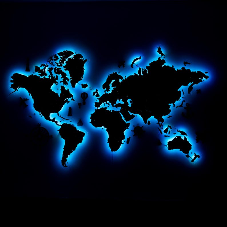 World Map With Led Lighting, World Map Push Pin, LED World Map, Wooden ...