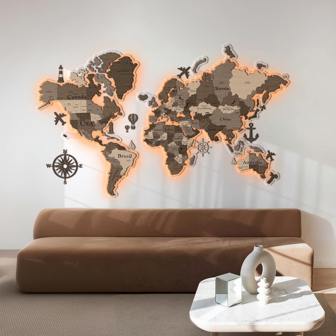 RGB LED 3D Wooden World Map, 3D Backlit Map, Wood Travel Map, 3D Map of ...
