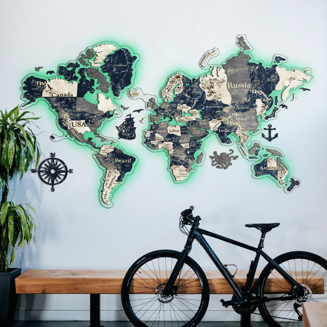 3D Wood Family Travel Map With LED Lighting, Wooden Map of the World ...