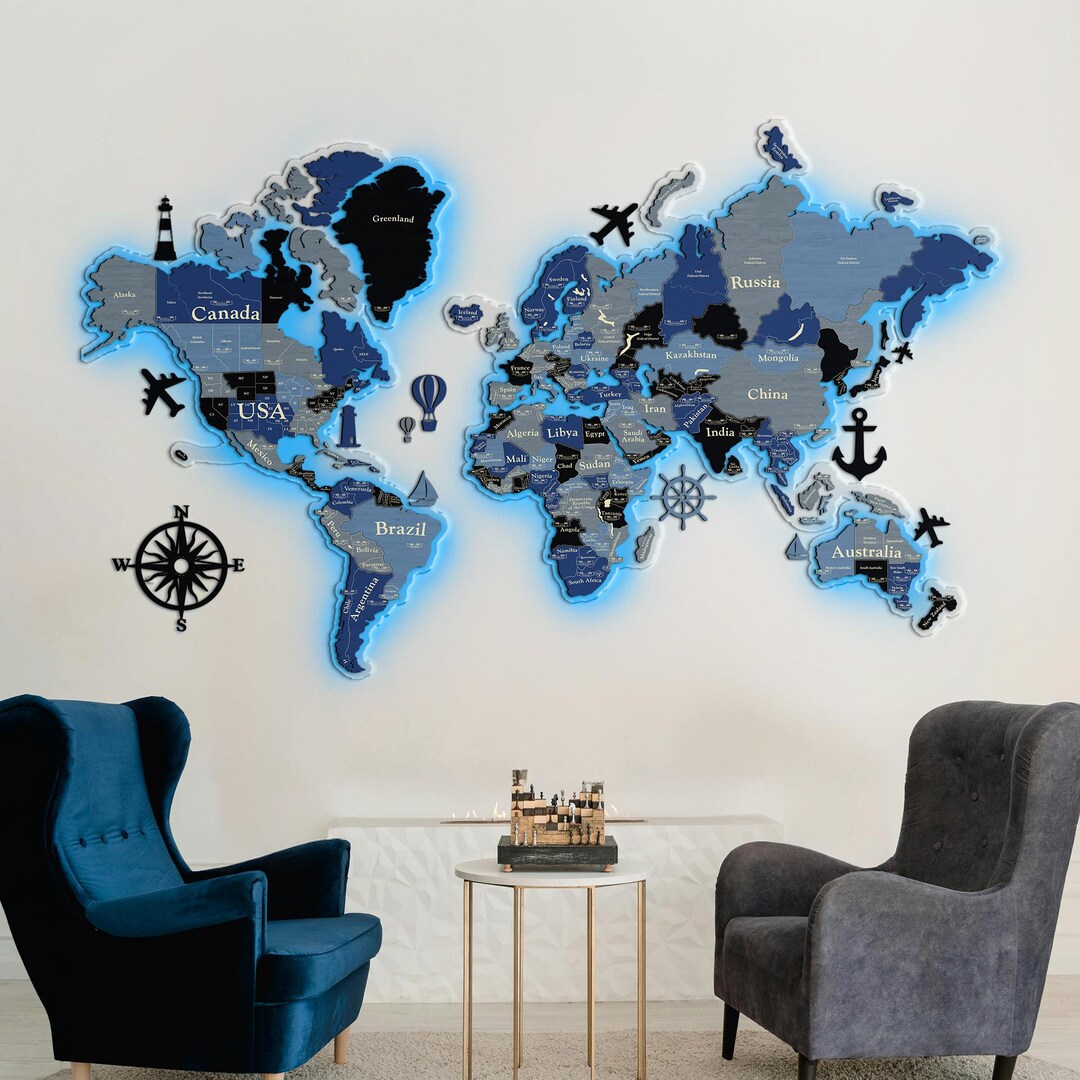 LED Wooden World Map Travel Map, Pin Board Apartment Decor, World Map ...