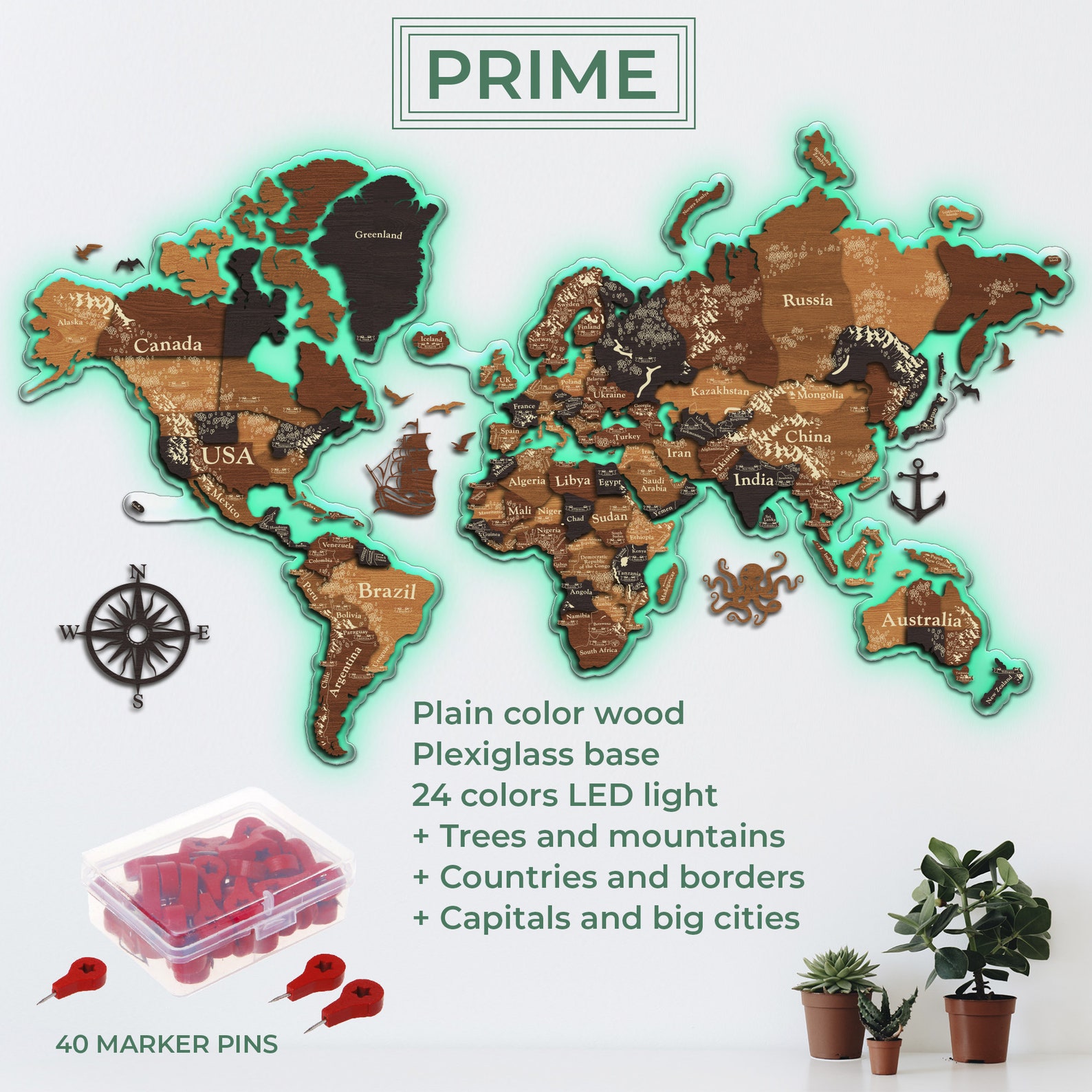 3D Wooden Push Pin Map With Leds, Remote Control RGB LED Wall Map ...