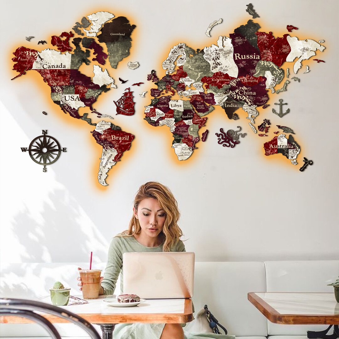 Mapa de madera LED 3D del mundo, mapa de alfiler, arte de mapa de pared ...