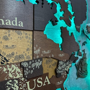 World Map With LED Lighting, Wooden Push Pin Map, 3D Led Backlight Map, RGB LED 3D Wood Family ...