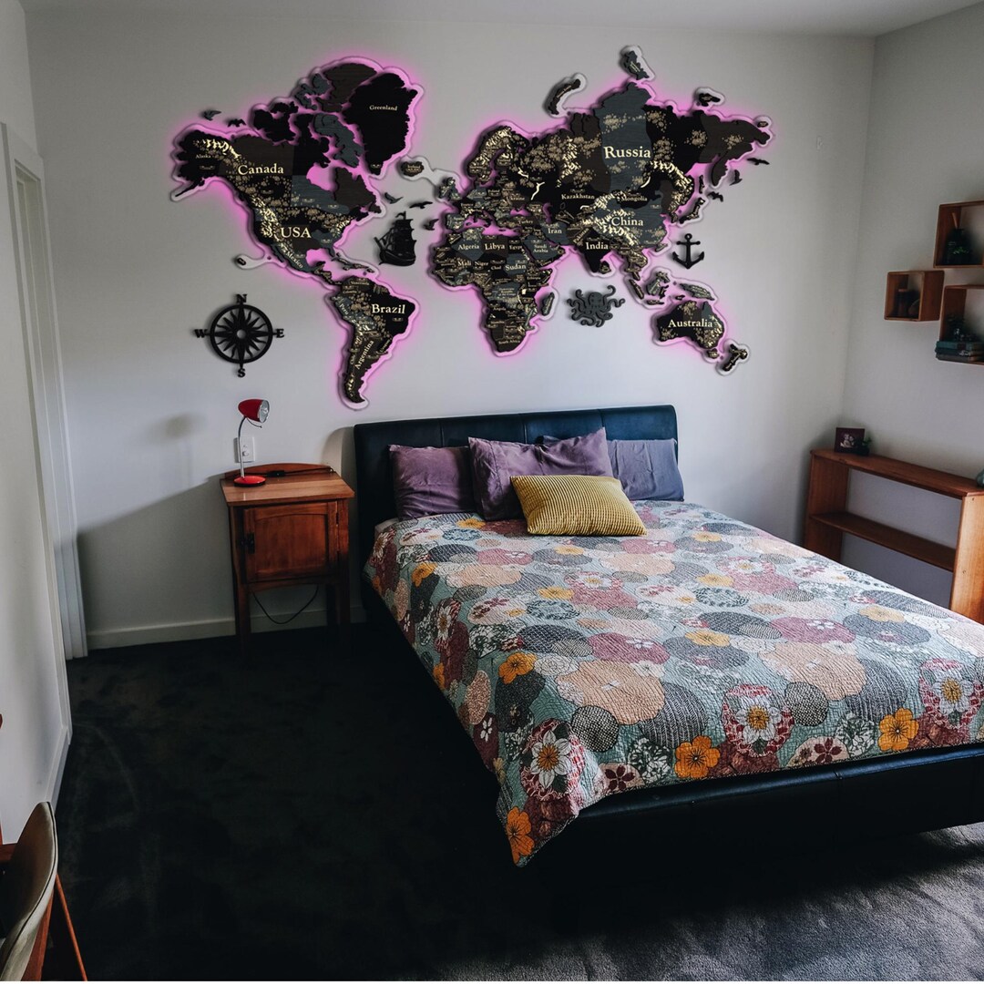 3D Led Backlight Map, Large Wall Map, RGB LED 3D Wood Family Travel Map ...