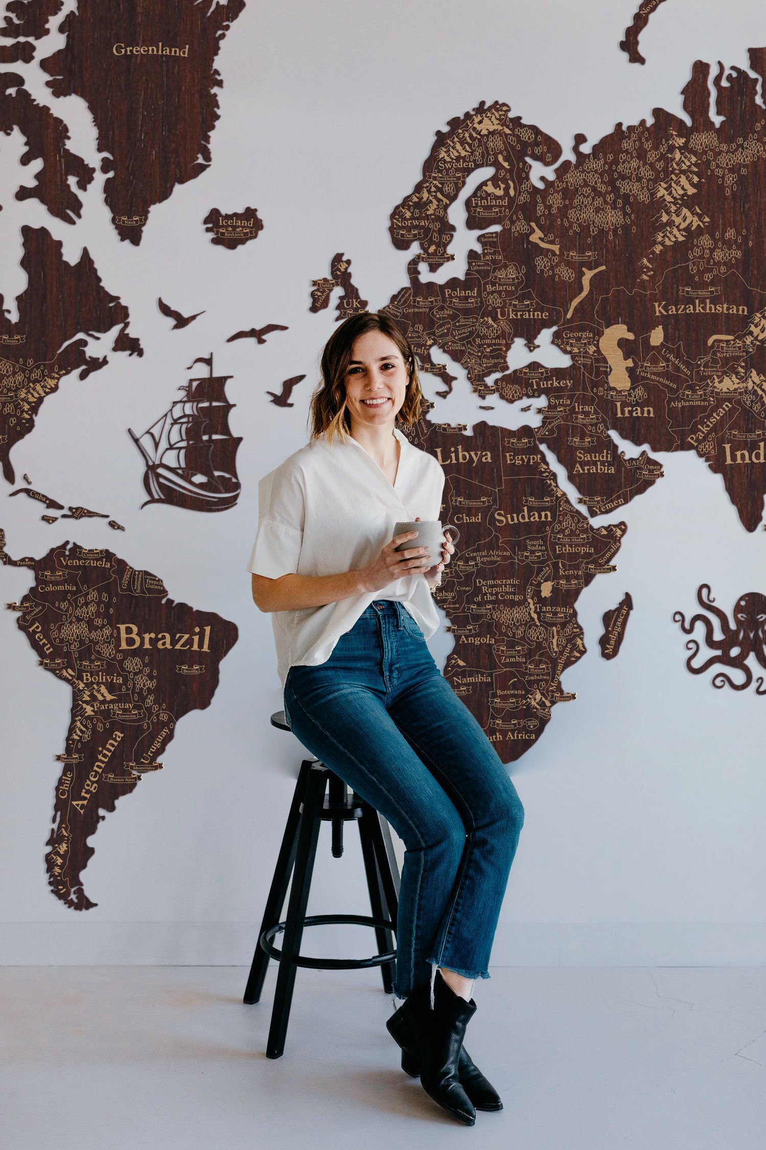 Extra Large Wooden World Map With Borders Countries Capitals | Etsy