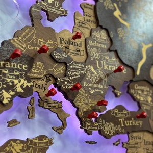 Large Led Neon Wall Map, Large Wall Map, 3D Wooden Push Pin Map With ...