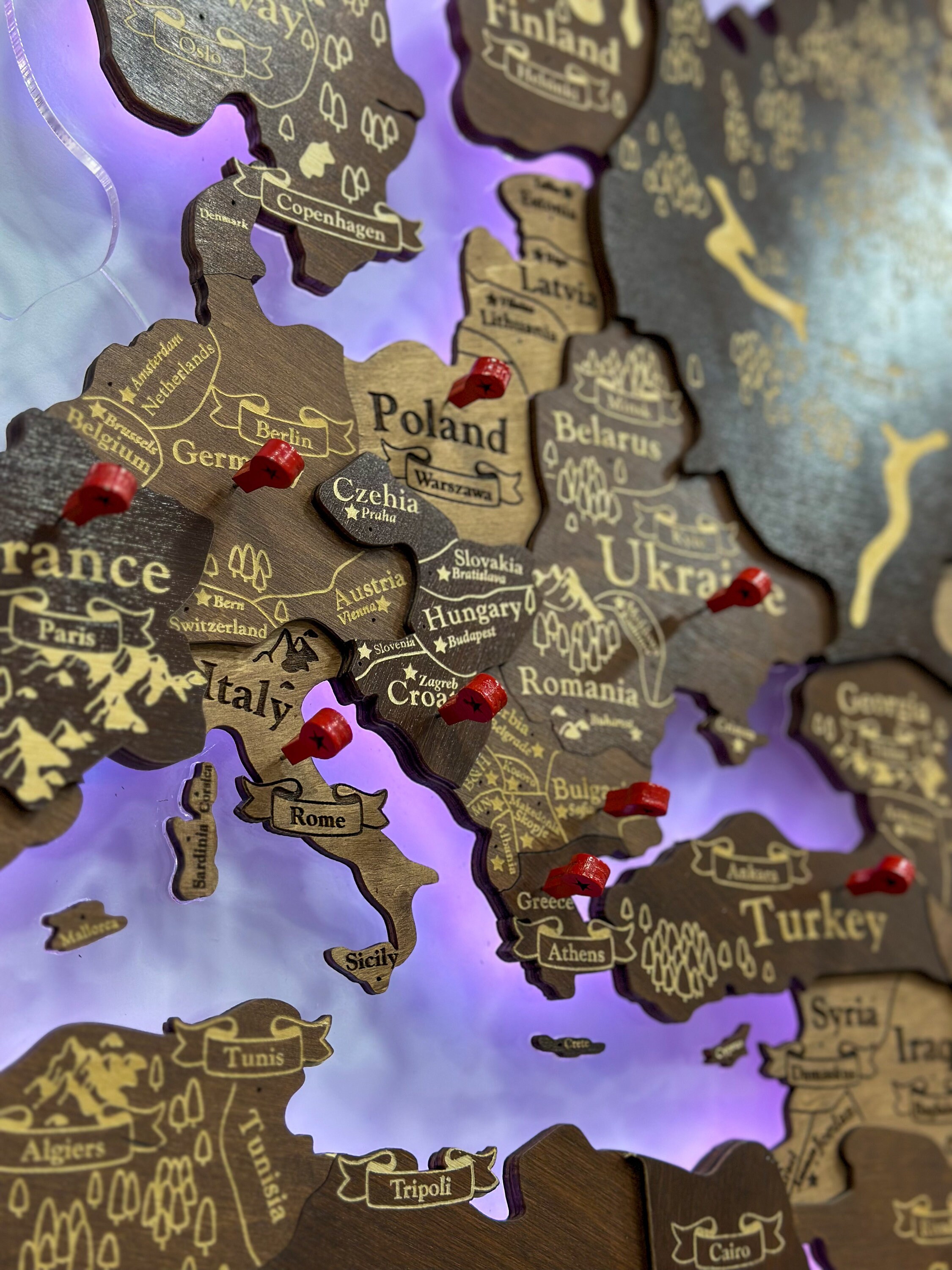 Large Led Neon Wall Map Large Wall Map 3D Wooden Push Pin - Etsy Canada