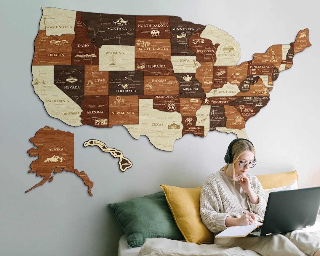 Large Push Pin Map of United States, Wooden 3D USA Map With Famous ...