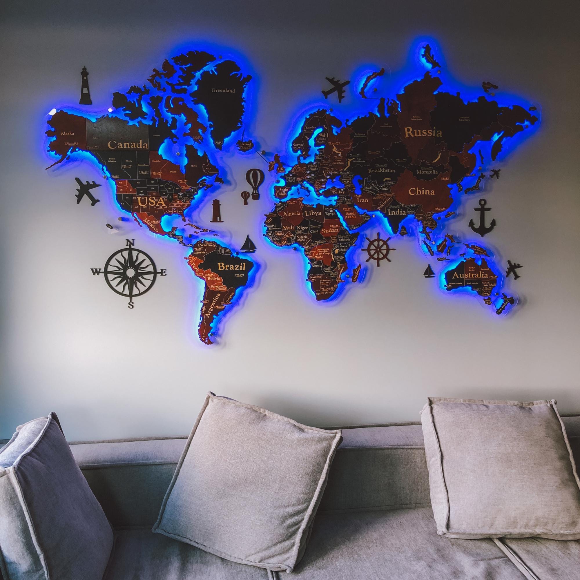 3D Led World Map, Push Pin Map, Gift for Family, 3D Backlight Map, Wood ...