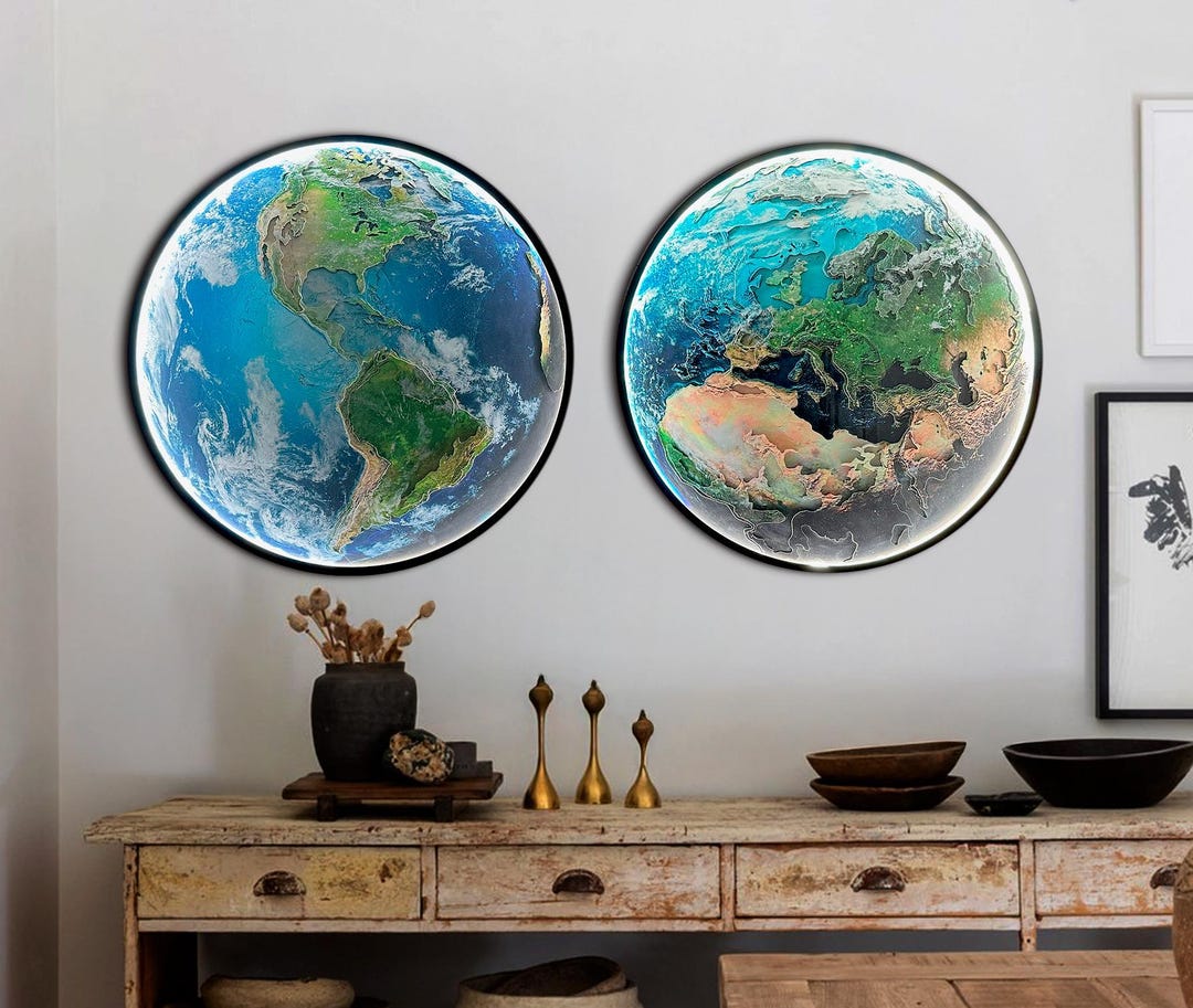 3D Flat Earth Wall Decor With Led, Earth Led Light, Unique Home Decor ...