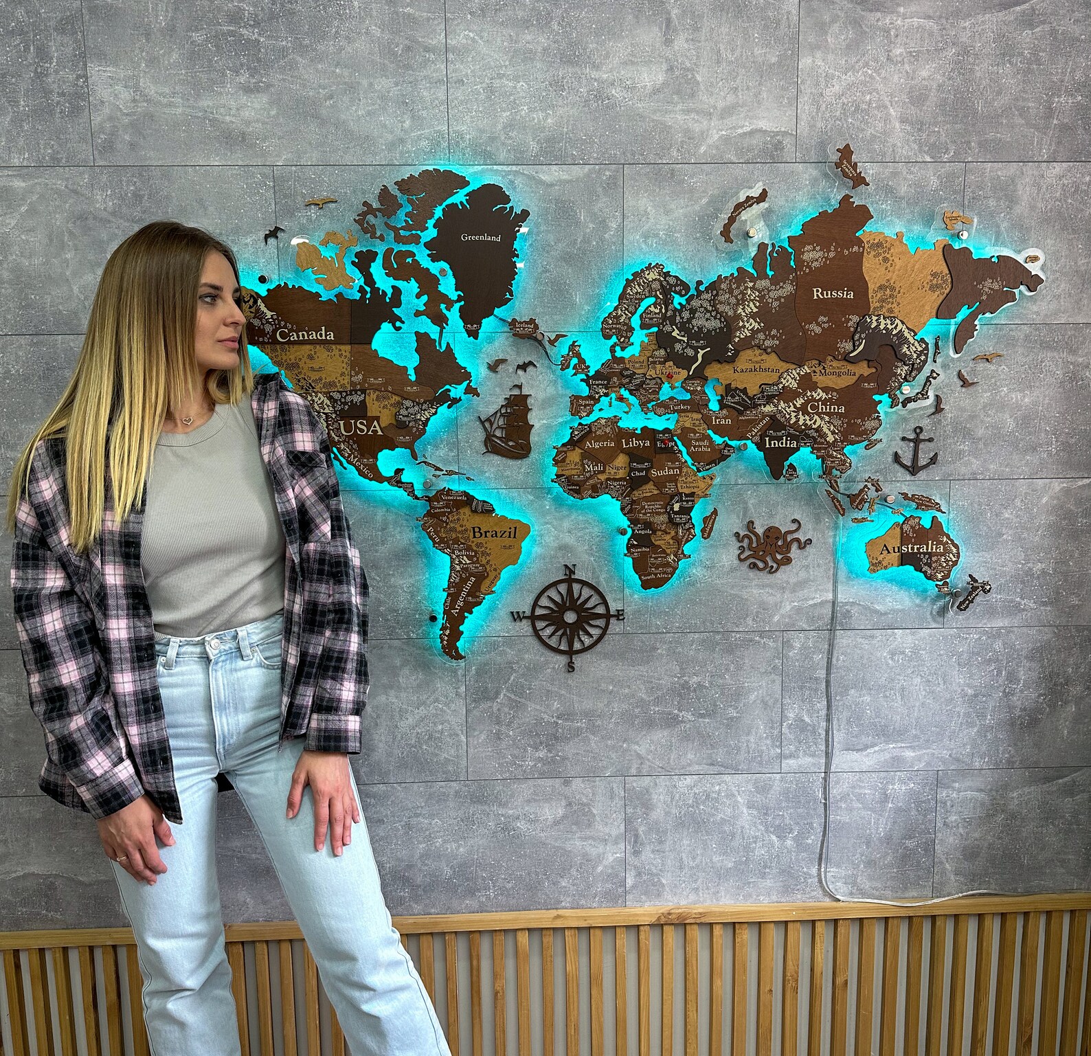 3D Wooden Push Pin Map With Leds, Remote Control RGB LED Wall Map ...