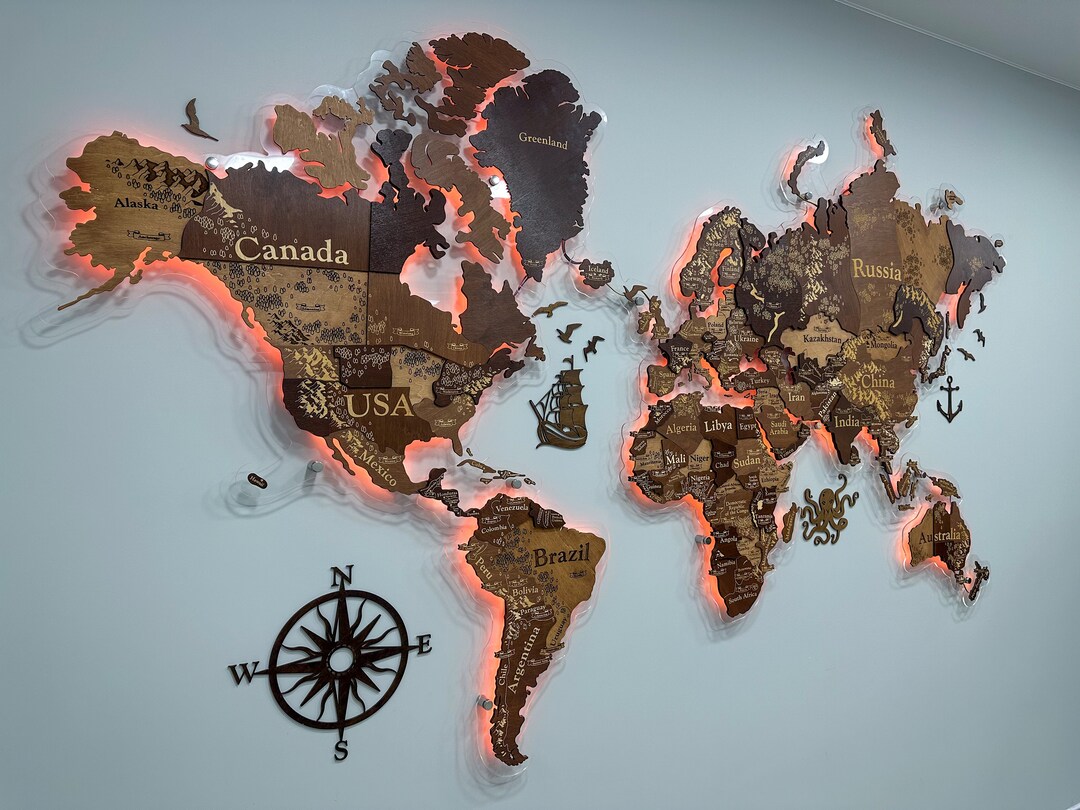 3D LED World Map, Pink Neon Light Map Wall, 3D Wooden World Map Blue ...