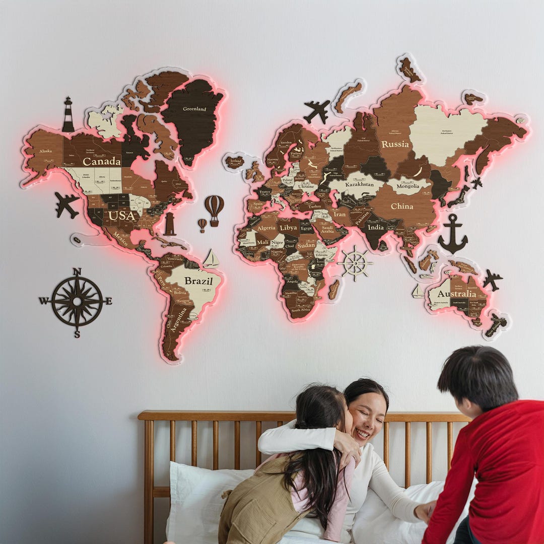 3D Led World Map, 3D Backlit Map, Wood Travel Map, Push Pin Map, Gift for Family, Illuminated ...