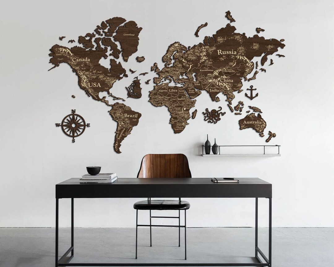 World Wall Map With Etched Names of Countries, World Travel Map, Wood ...
