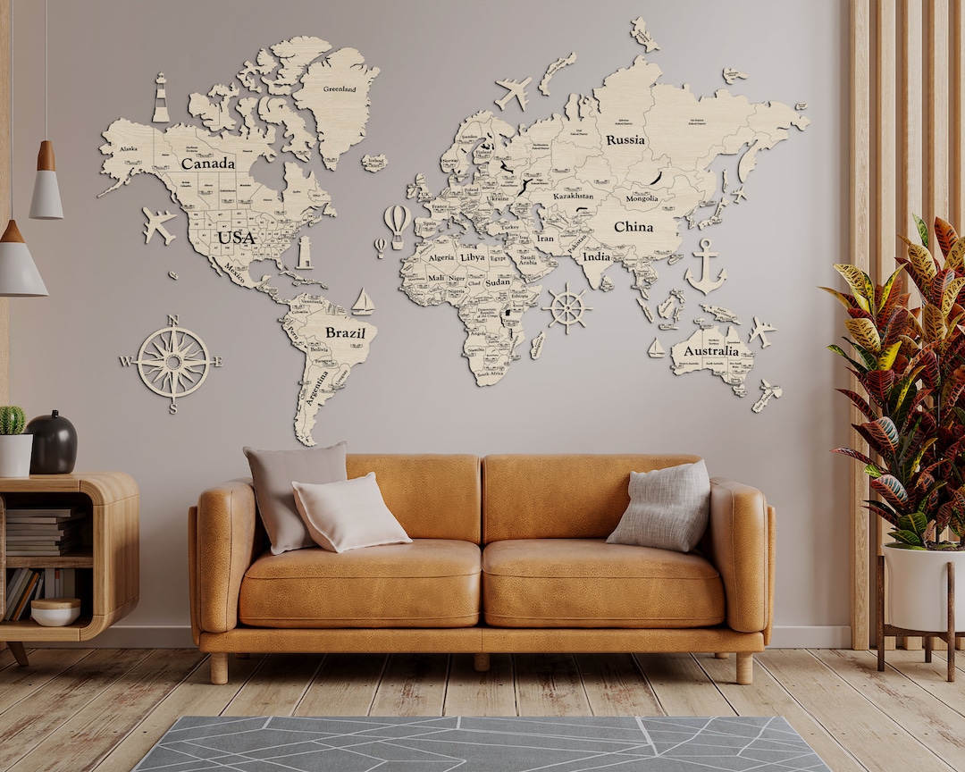 Calcomanía de pared con mapa de viaje, mapa del mundo de madera clara ...