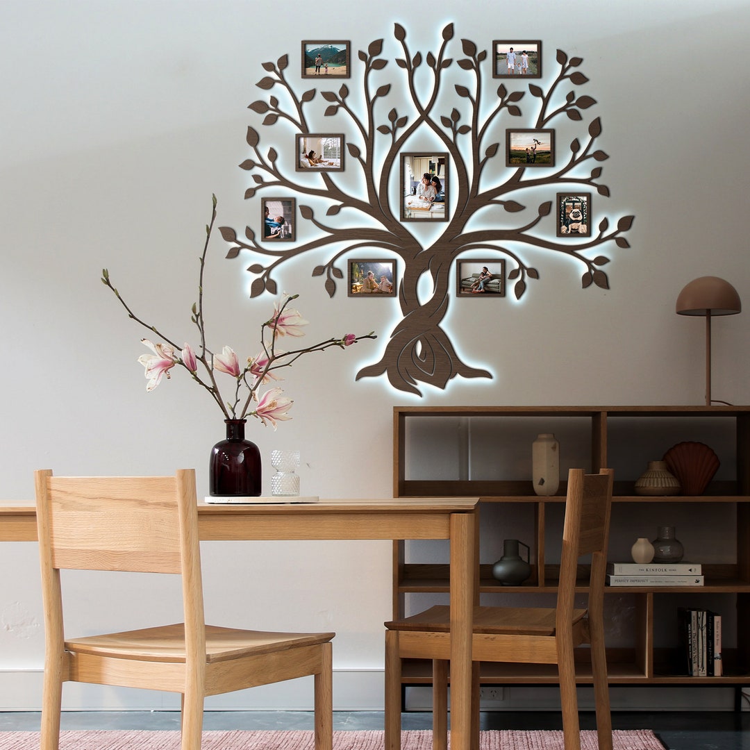 Wood Family Tree With Led Light, Led Wall Decor, Wooden Photo Frames ...