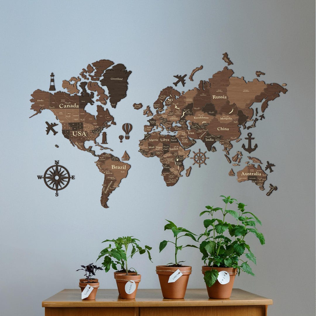 3D Wood Map of the World, Rustic Push Pin Map, 3D Map to Mark Trips ...