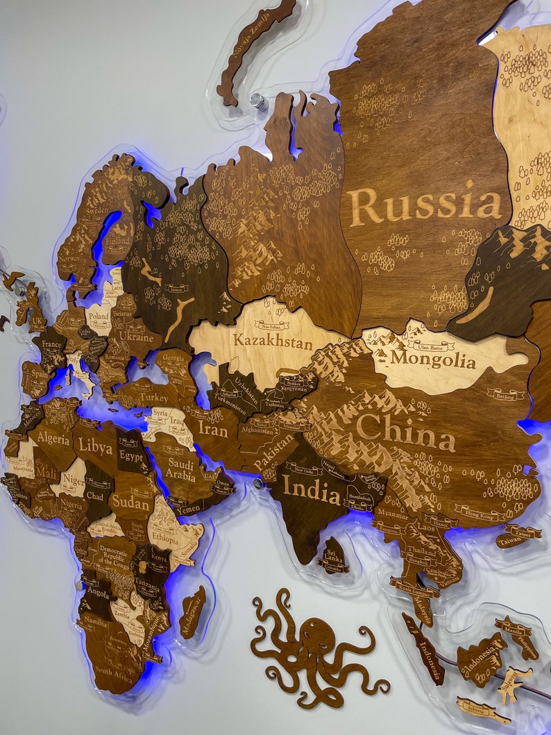 RGB LED 3D Wooden World Map 3D LED Wooden Map of the World - Etsy