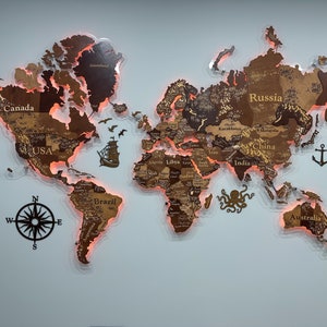RGB LED 3D Wooden World Map 3D LED Wooden Map of the World - Etsy