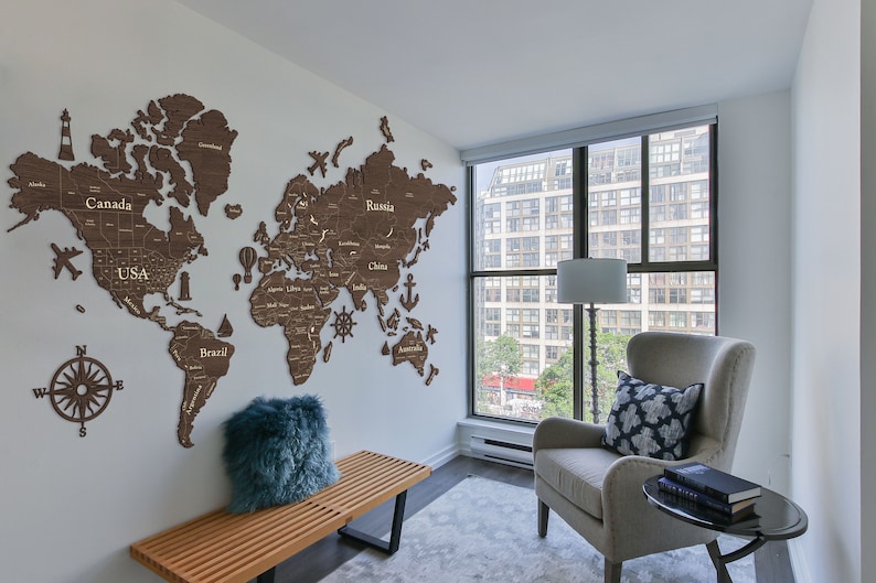 Extra Large Wooden Office Map Home Office Wall Decor Wood - Etsy