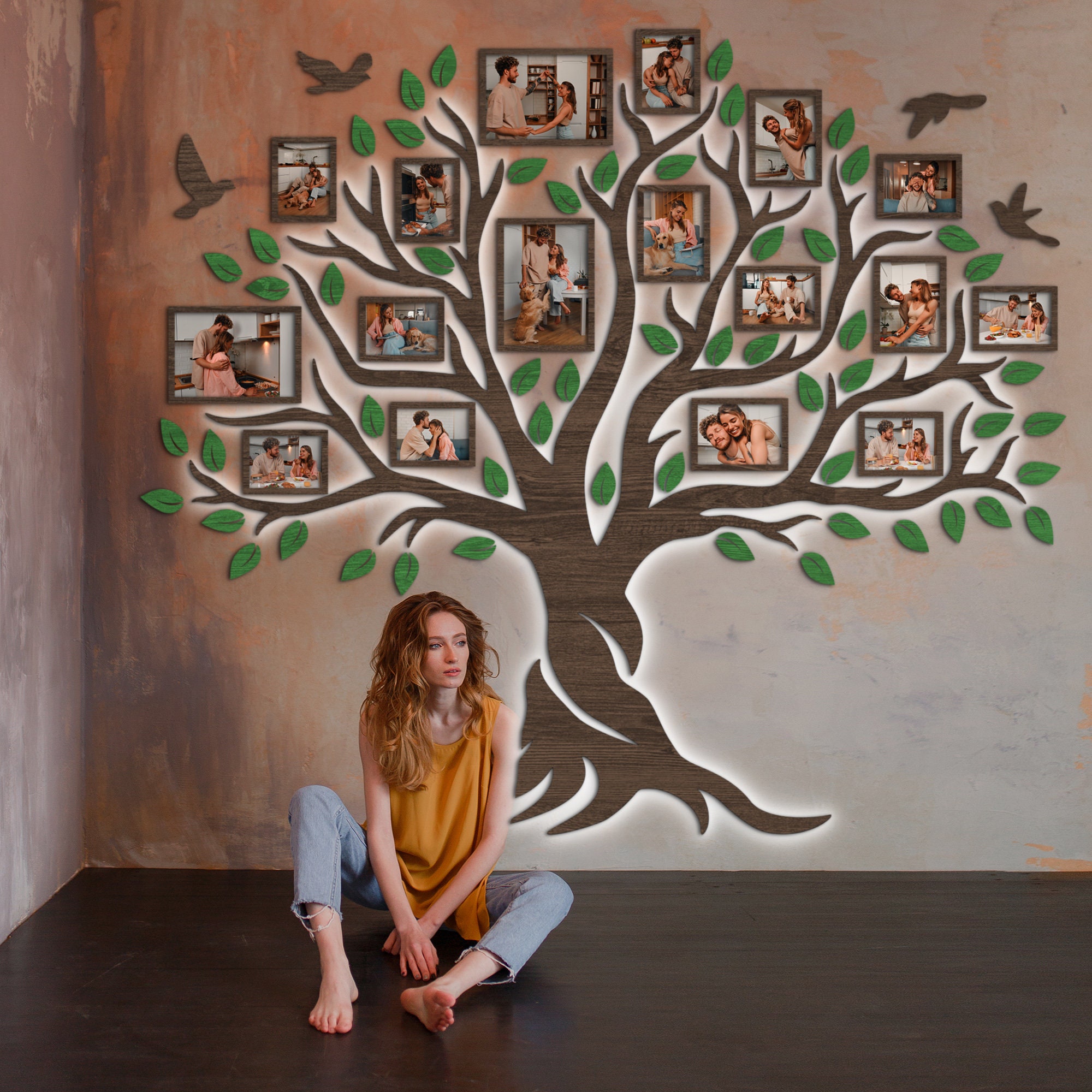 Wood Led Tree With Photo Frames, Family Photo Collage, Large Led Family ...