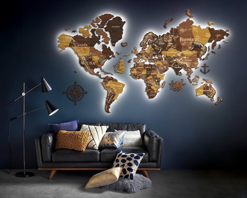 RGB LED 3D Wooden World Map 3D LED Wooden Map of the World - Etsy