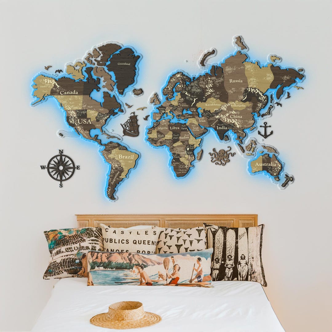 LED Lighting Wall Map, Push Pin World Map, Led Wall Art, Large Wood ...