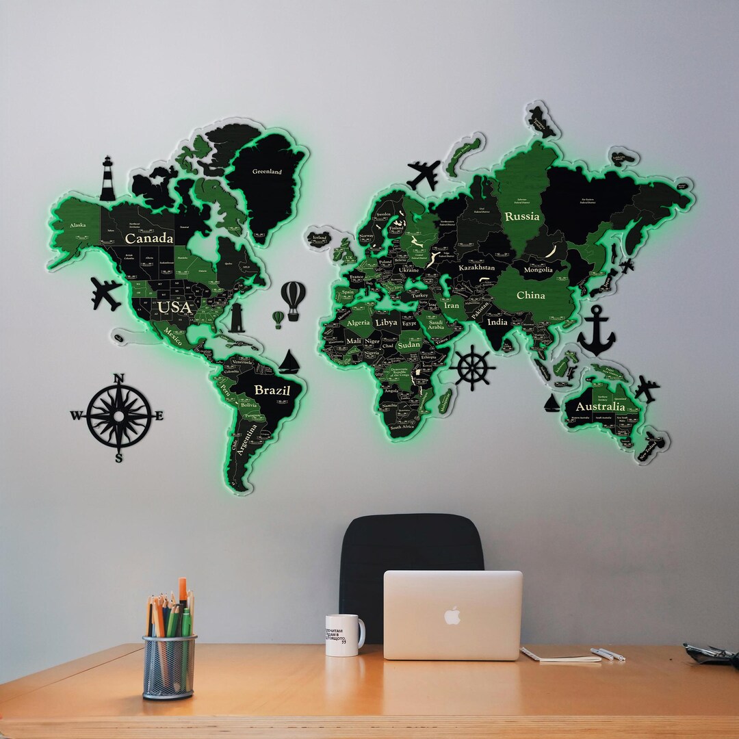 Office World Map, World Traveler Gift, LED 3D Wooden World Map, 10th ...