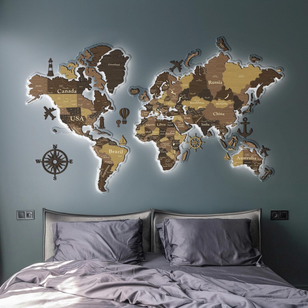 3D Backlit Map, Wood Travel Map, 3D Led World Map, 3D Push Pin Map With ...