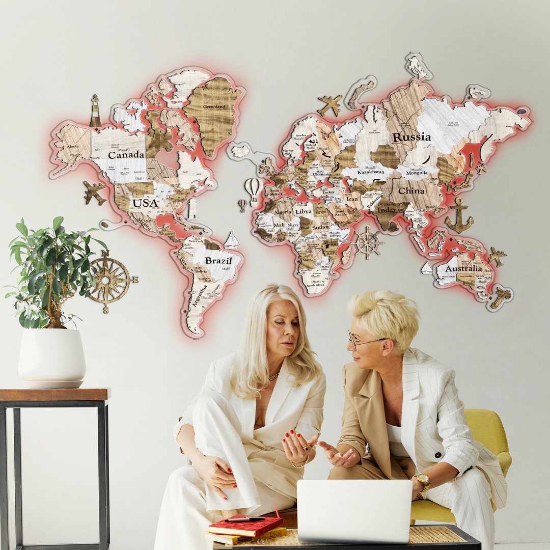 3D LED Wooden Map of the World, Push Pin Wall Light Map, 3D Wood Family ...