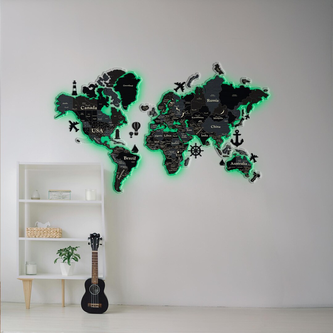Illuminated World Map, Wood Travel Map, 3D Led World Map, Push Pin Map, 3D Backlight Map, Gift ...