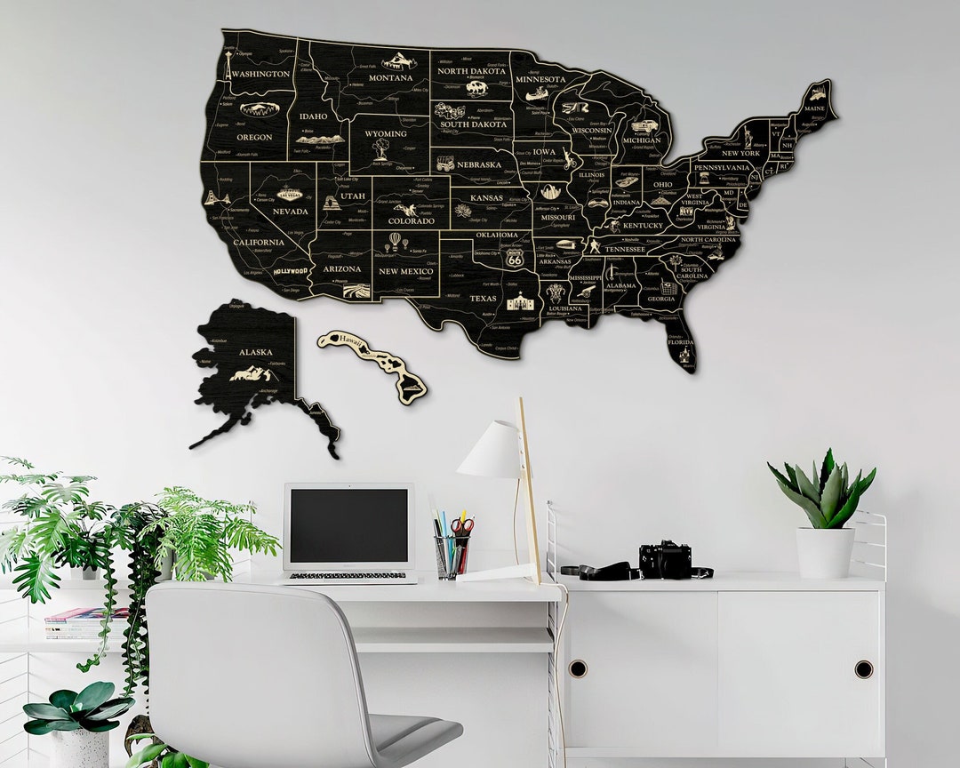 Black Wood United States Wall Map, Wooden USA Tourist Sightseeing Map ...