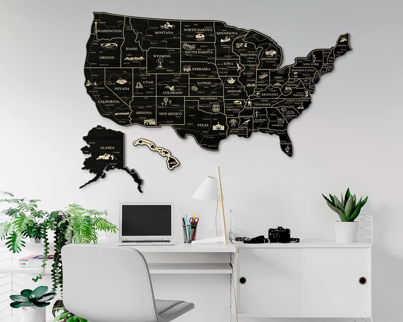 Black Wood United States Wall Map Wooden USA Tourist - Etsy