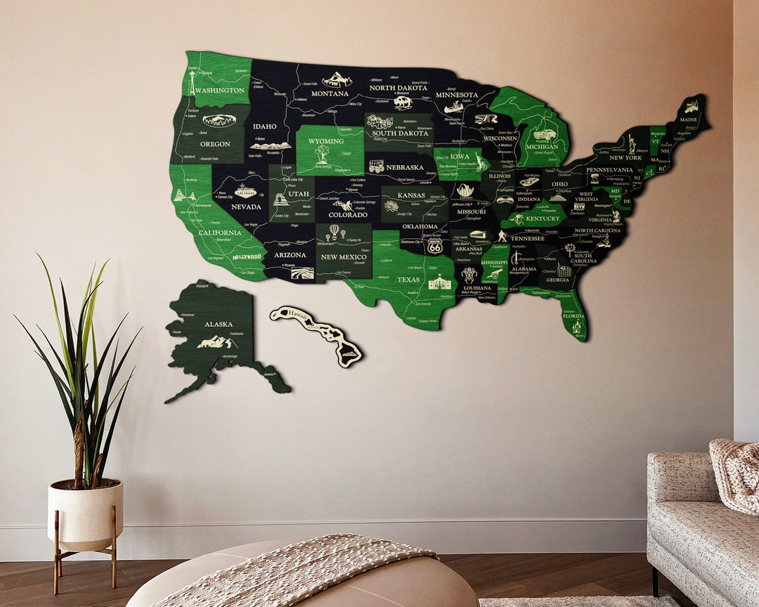 Large Wooden 3D USA Map With Famous Landmarks, 3D USA Travel Map, Map ...