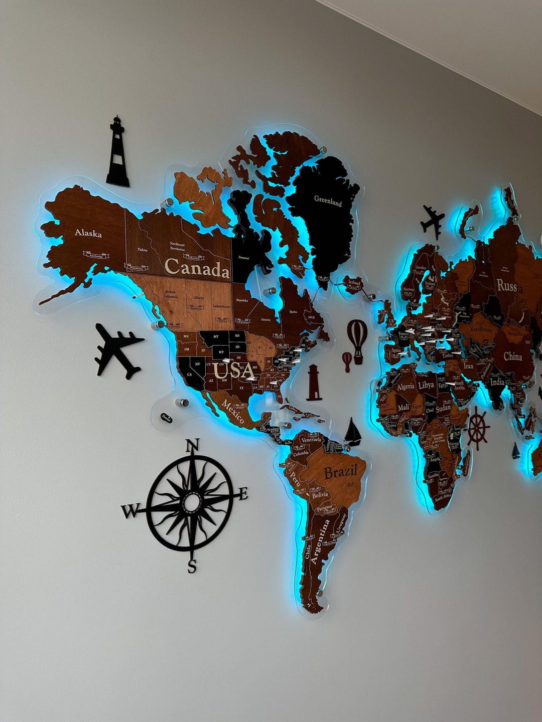 3D Map of the World With LED Lighting, 3D Wood Family Travel Map, Push ...