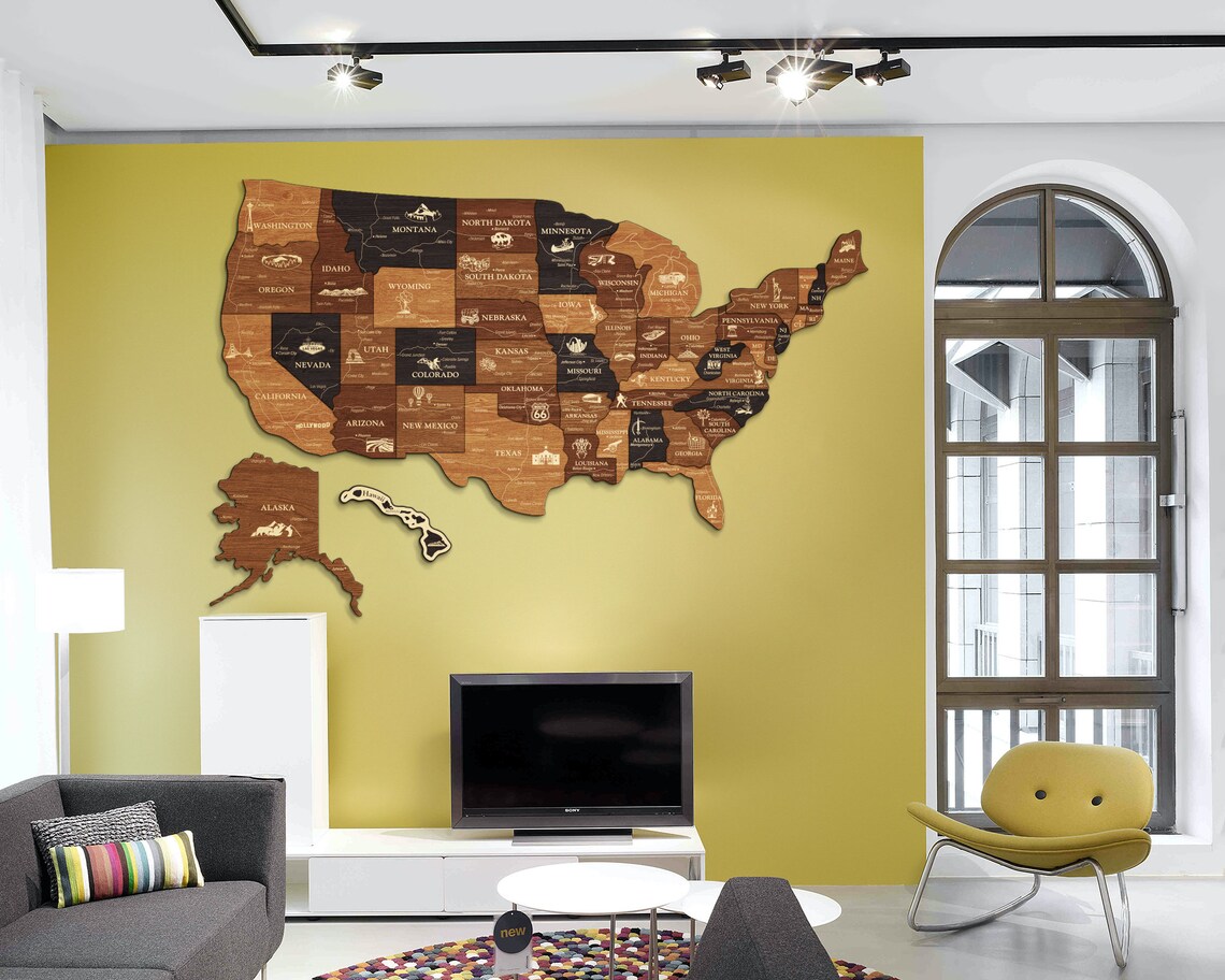 Pushpin USA Map and Pins Wooden 3D USA Wood Map Map of the | Etsy