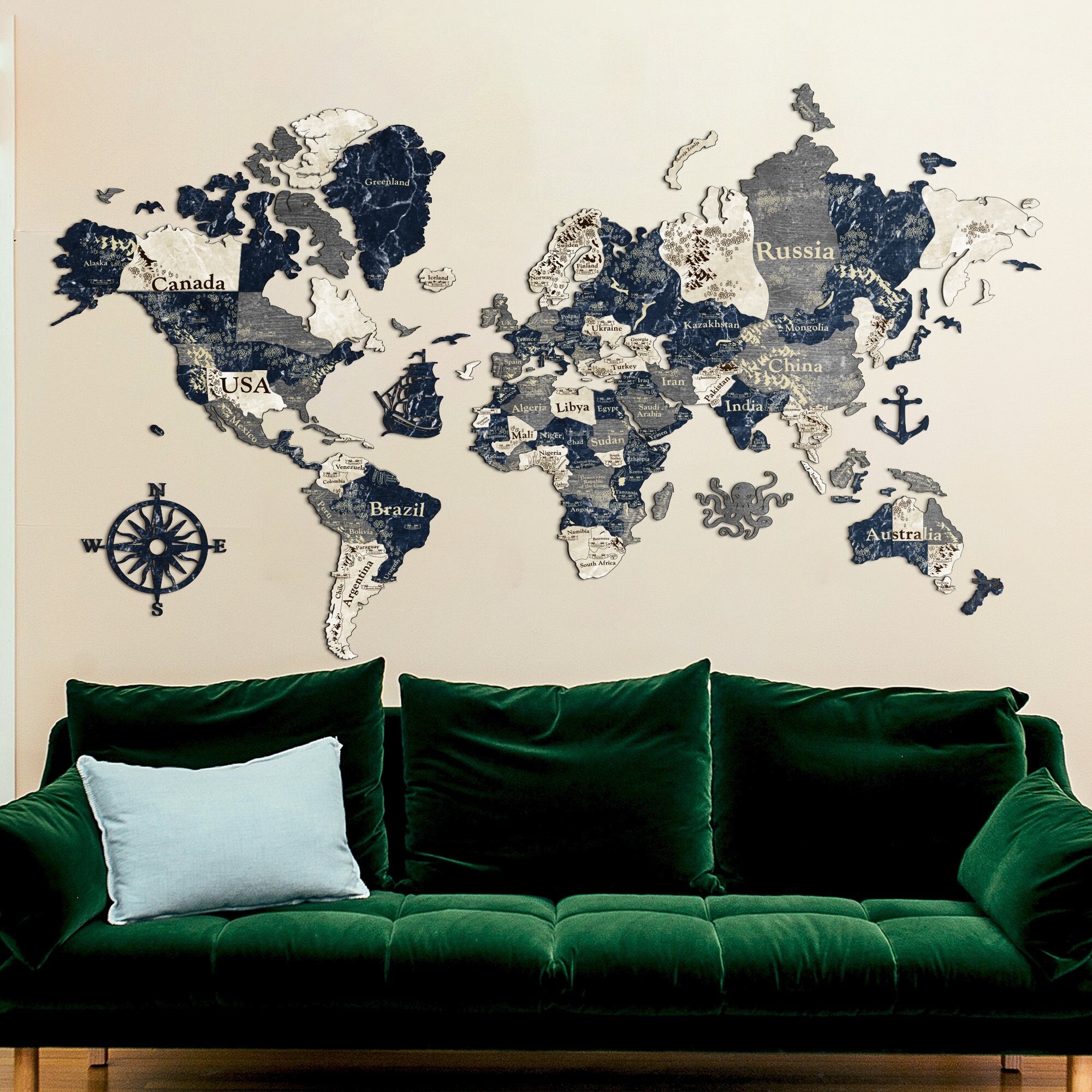 3D World Map Blue Wall Map of the World Wood Push Pin Travel - Etsy Canada