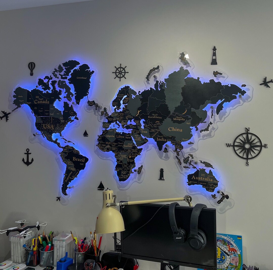 Buy 3D World Map With Led, Wooden Wall Map, 3D Led Map of the World, 3D ...