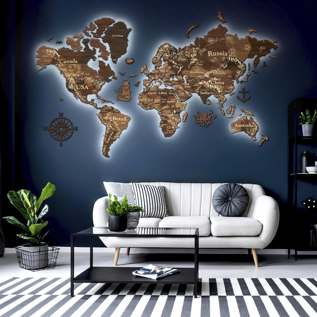 LED Lighting Wall Map, Push Pin World Map, Led Wall Art, Large Wood World Map, Apartment Decor ...