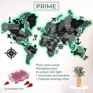 Illuminated World Map, 3D Led World Map, Push Pin Map, 3D Backlight Map, Wood Travel Map, Gift ...